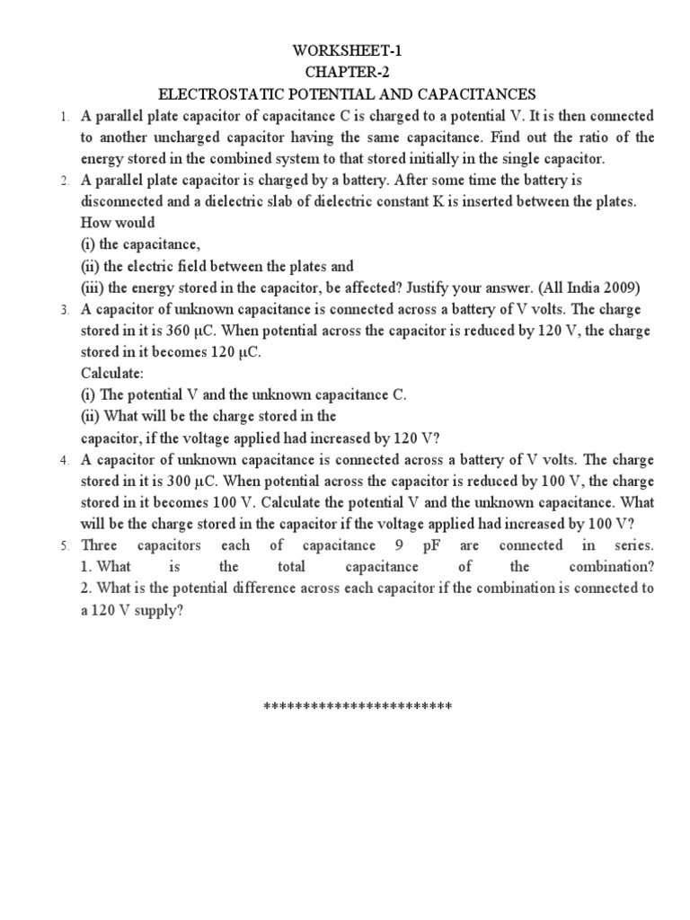 Worksheet-1 Chapter-2 Electrostatic Potential and Capacitances | PDF