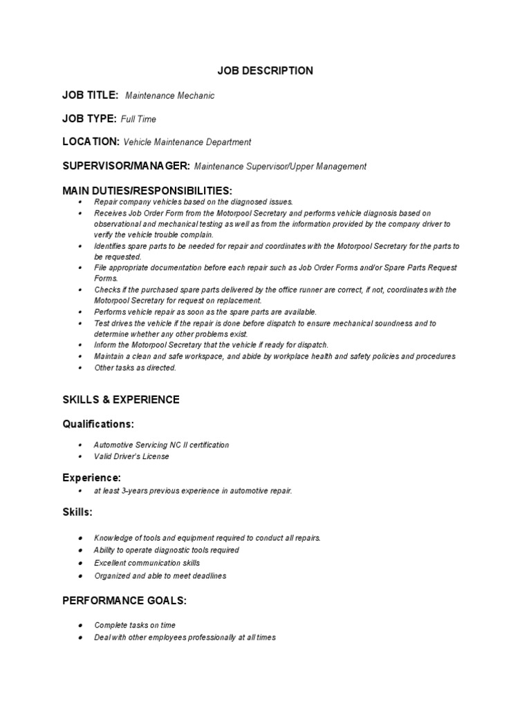 Job Description Mechanic | PDF | Driver's License | Vehicles