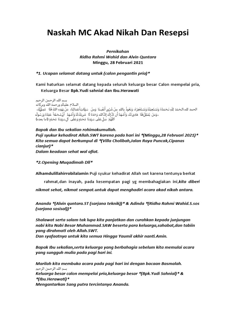 Naskah MC Akad Nikah Dan Resepsi | PDF