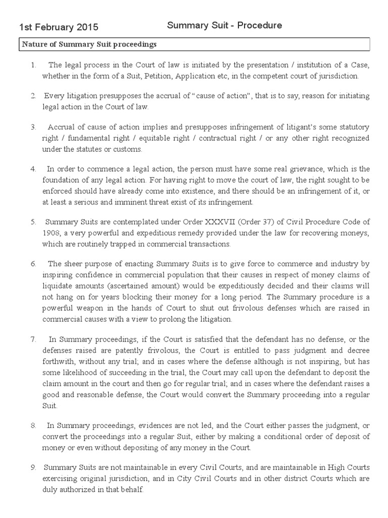 Summary Suit - Procedure - Legal Drafts | PDF | Lawsuit | Evidence