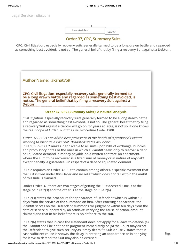 Order 37, CPC, Summary Suits | PDF | Lawsuit | Judgment (Law)
