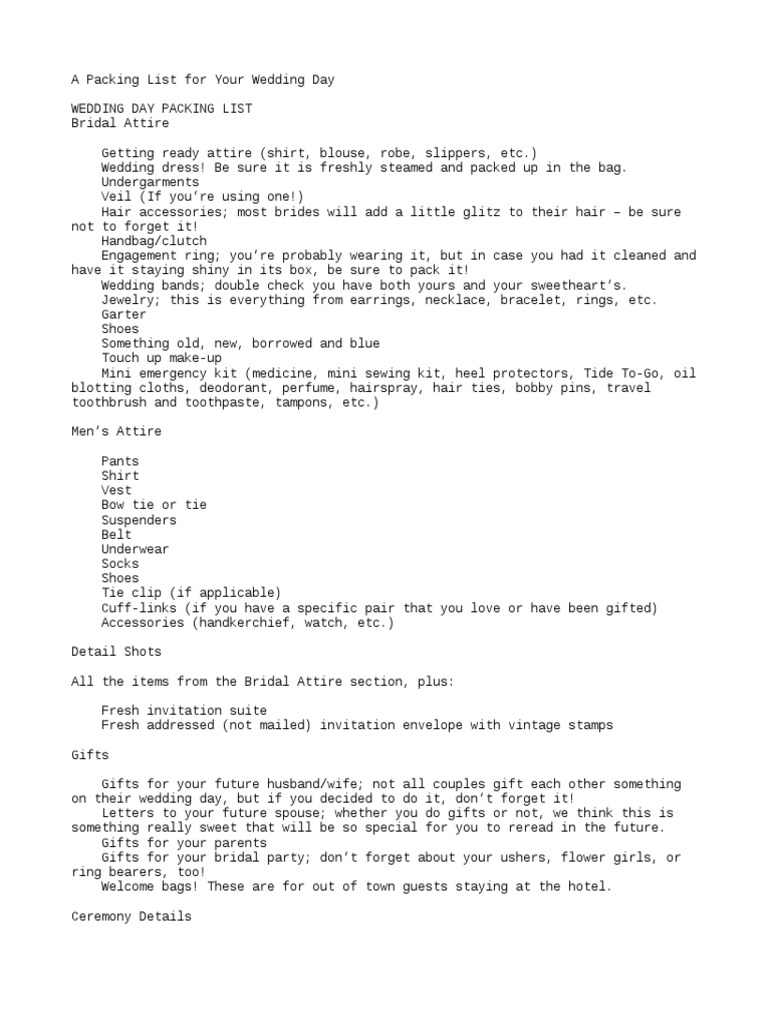 Essential Wedding Day Packing List | PDF | Bride | Wedding