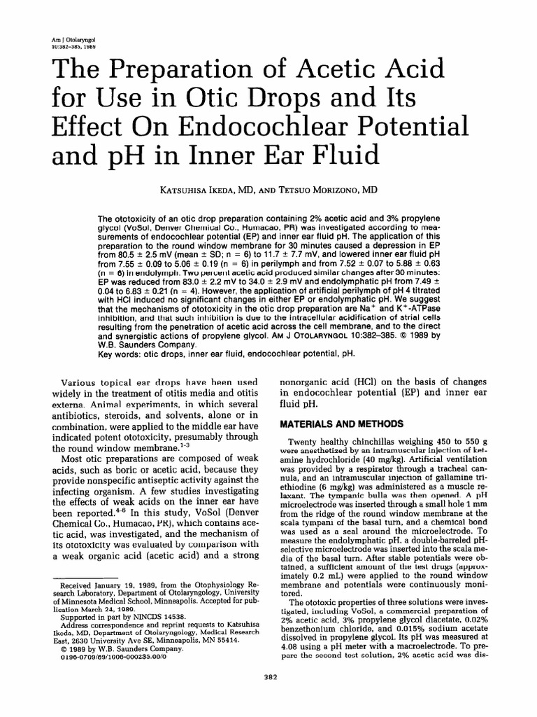 The Preparation of Acetic Acid For Use in Otic Drops and Its Effect On Endocochlear Potential ...