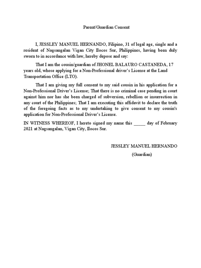 Parent Consent Lto Affidavit | PDF