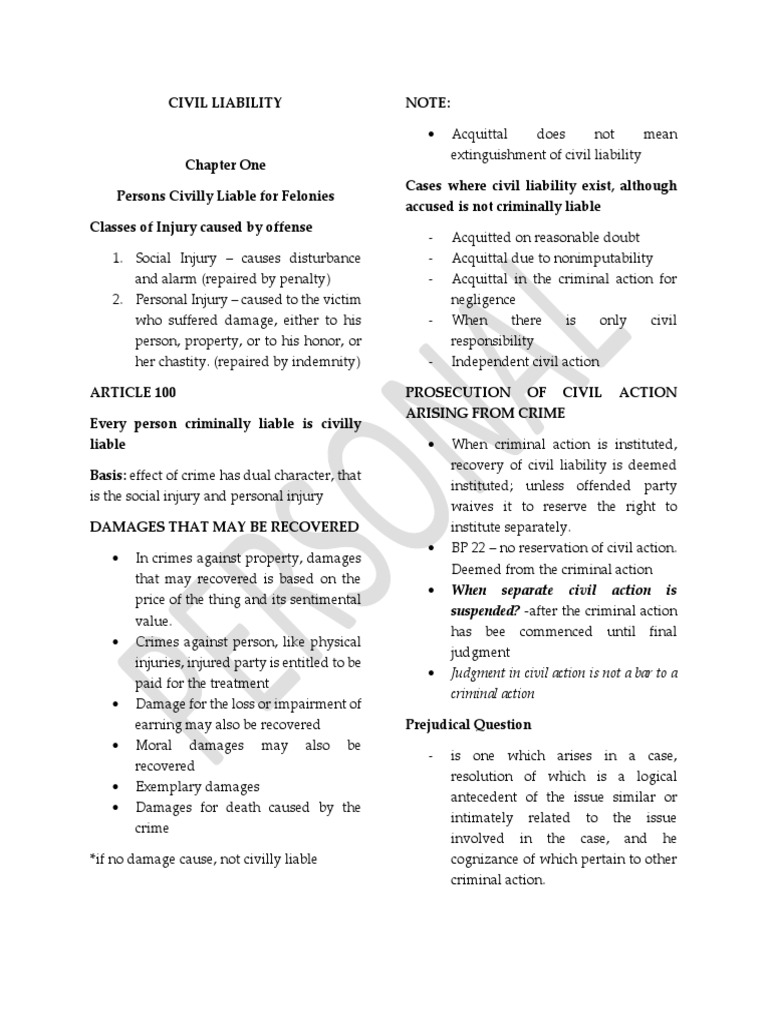 CIVIL LIABILITY - Persons Civilly Liable For Felonies | PDF | Acquittal ...