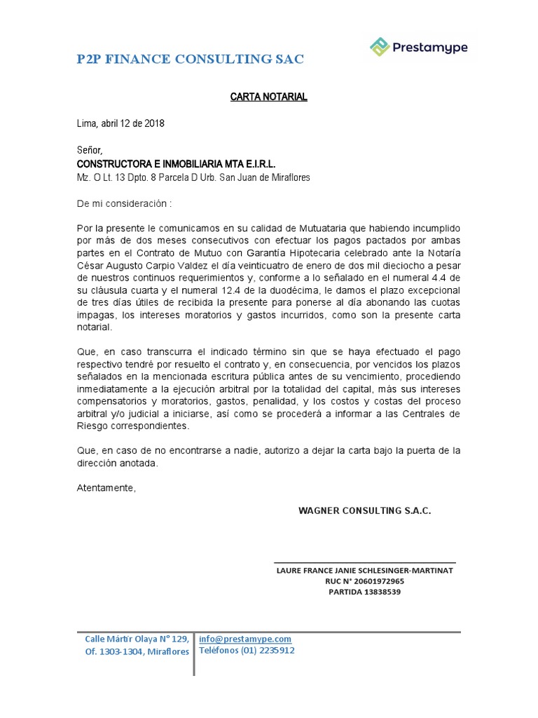 Carta Notarial Ejecución - CONSTRUCTORA E INMOBILIARIA MTA EIRL | PDF