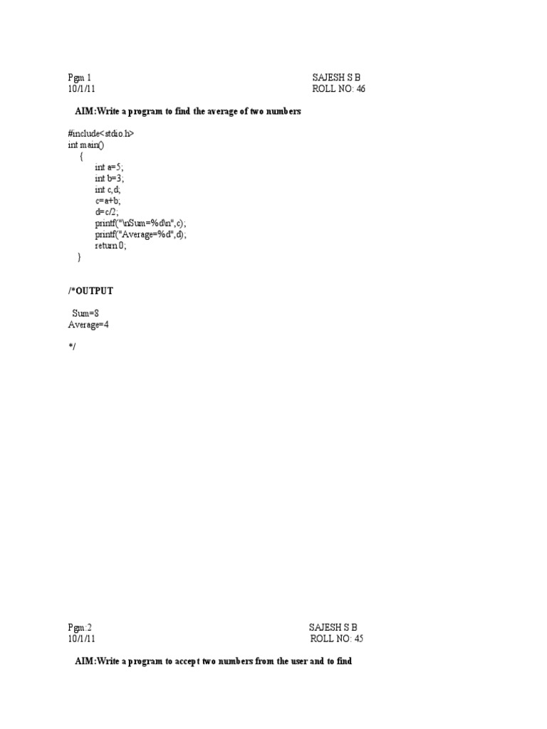 AIM:Write A Program To Find The Average of Two Numbers | Download Free ...