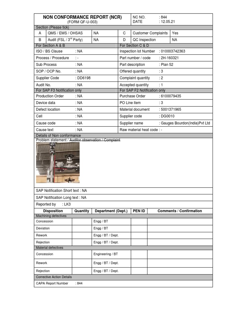 Non Conformance Report (NCR) : Disposition Quantity Department (Dept ...