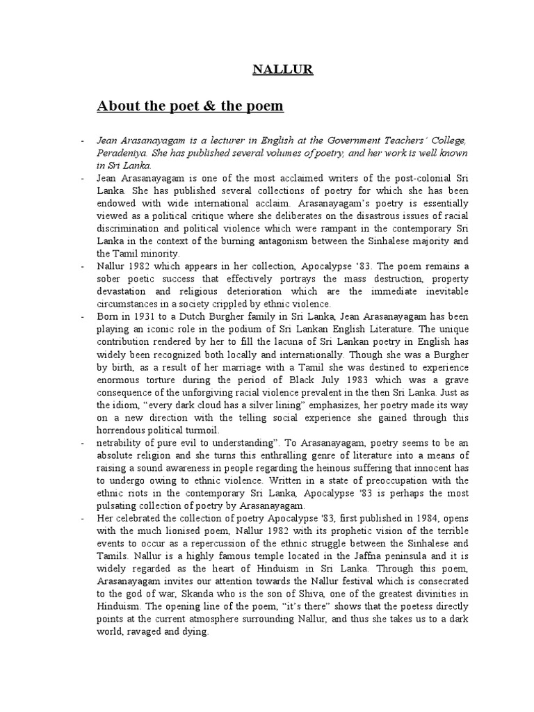 About The Poet & The Poem: Nallur | PDF | Sri Lanka | Unrest