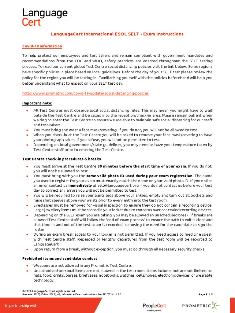 Languagecert International Esol Selt - Exam Instructions: Covid-19 ...