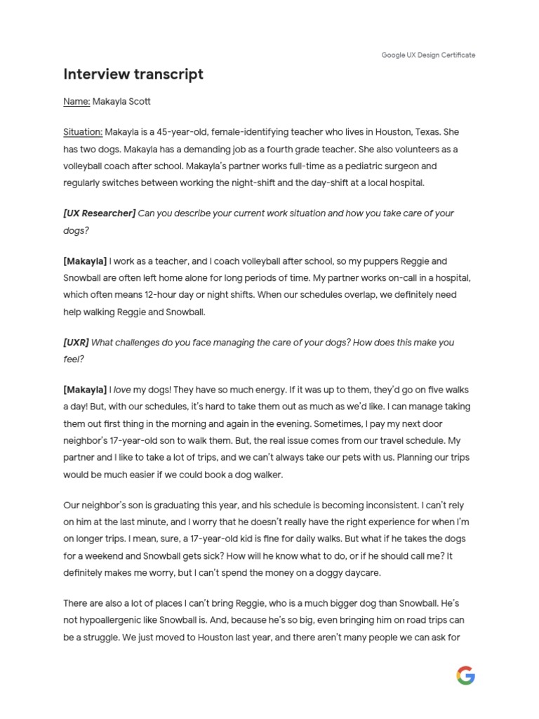Google UX Design Certificate - Makayla Interview Transcript (Exemplar ...