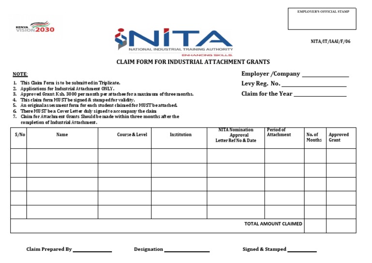 NITA Industrial Attachment Claim Form | PDF