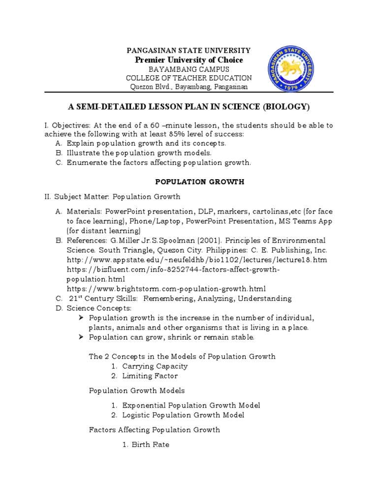 Lesson Plan on Population Growth | PDF | Population Growth | Lesson Plan