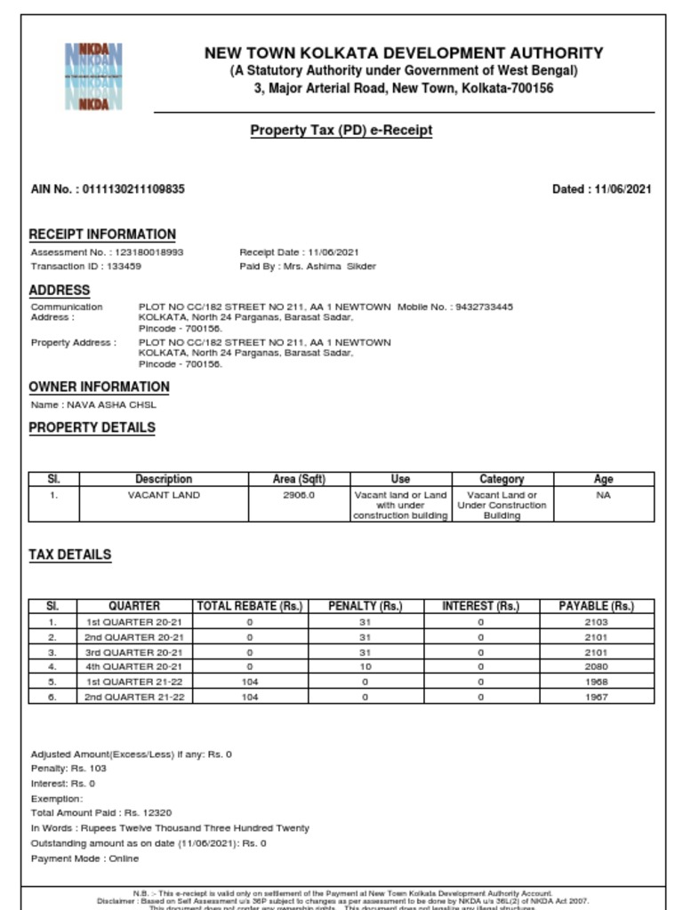 New Town Kolkata Development Authority: Property Tax (PD) E-Receipt ...