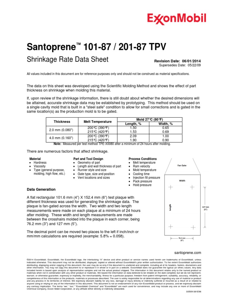 Santoprene 101-87 / 201-87 TPV: Shrinkage Rate Data Sheet | PDF | Casting (Metalworking) | Nature
