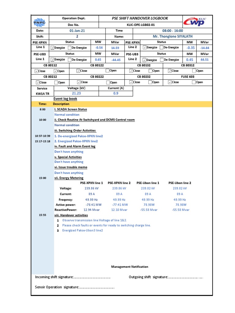 01-Jan-2020 Shift B Logbook Operator Pakse | PDF | Electrical ...