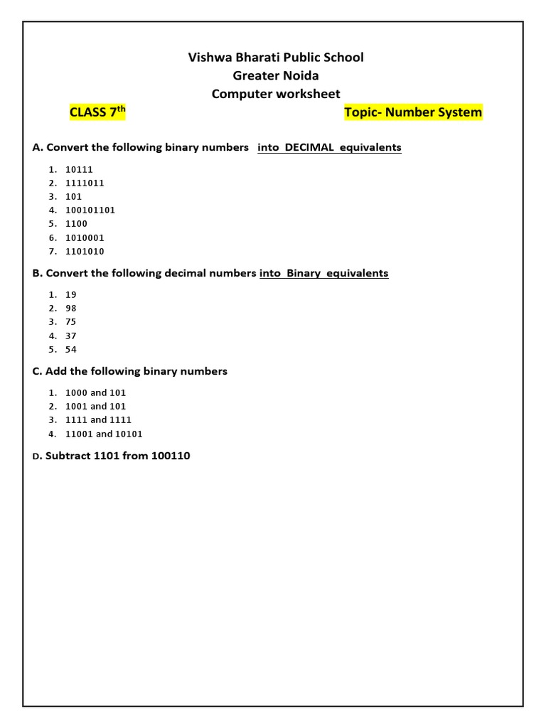 Class 7 Number System Worksheet | PDF