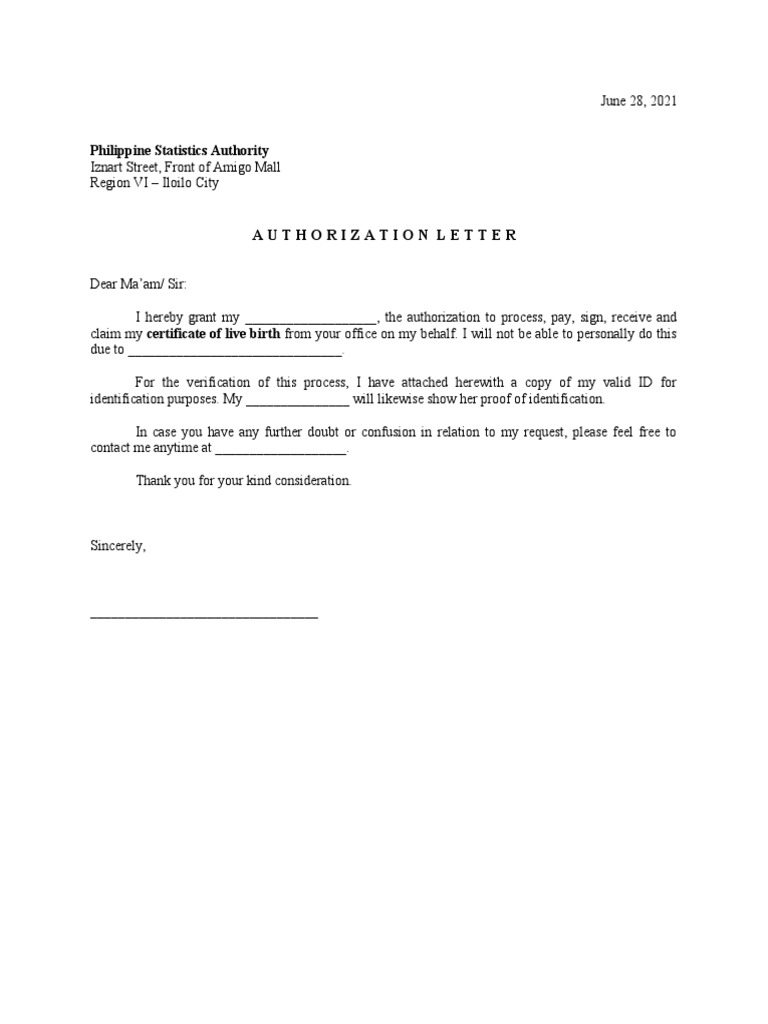 Authorization Letter: Philippine Statistics Authority | PDF