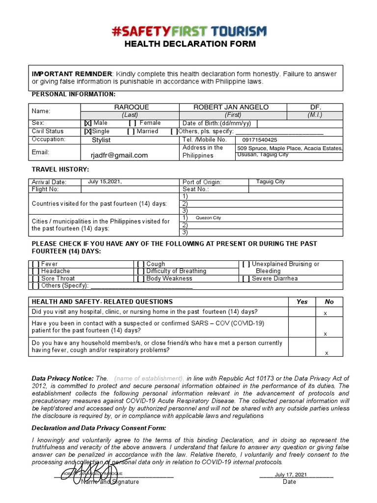 COVID-19 Health Declaration Form | PDF | Information Privacy | Medicine