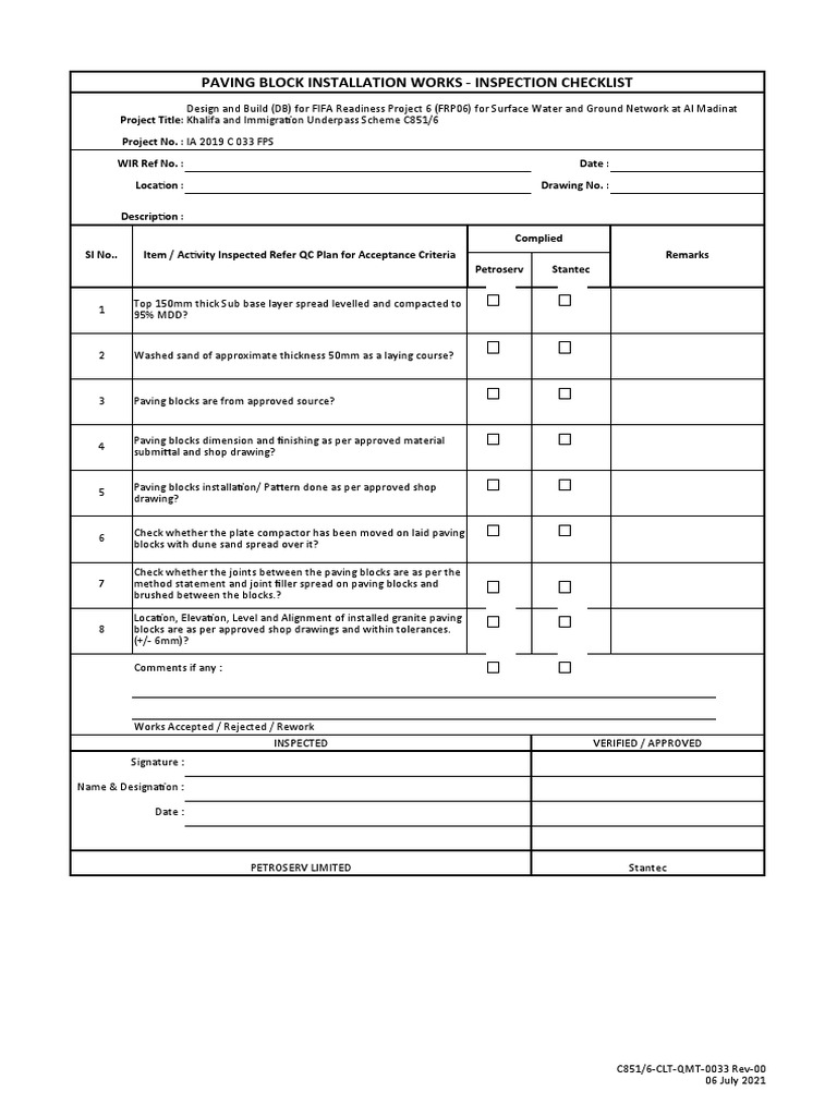 C8516-CLT-QMT-0033 - Rev-00 Inspection Checklist For Paving Block ...