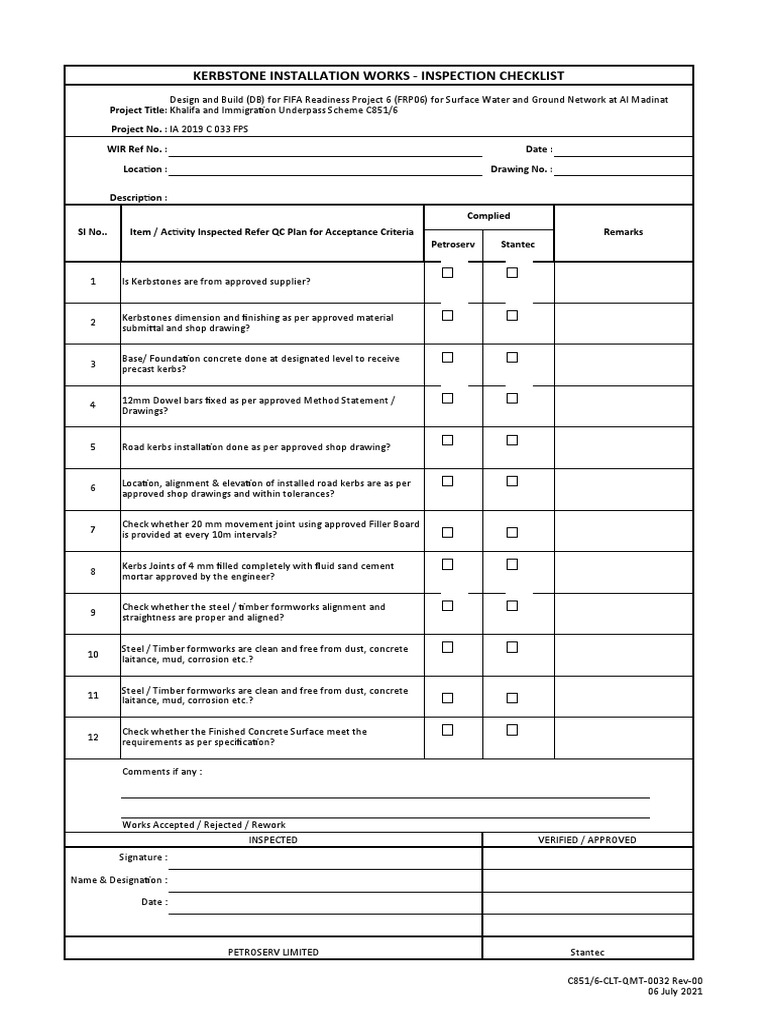 Kerbstone Installation Inspection Checklist | PDF | Concrete ...