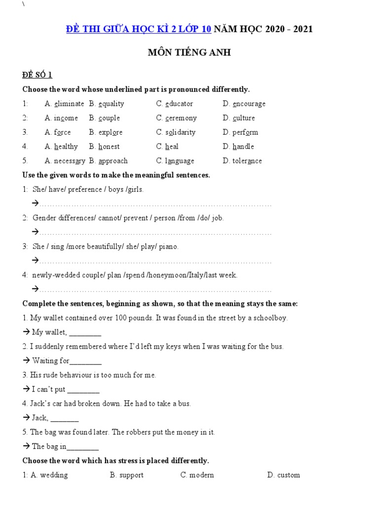 Bo de Thi Giua Hoc Ki 2 Lop 10 Mon Tieng Anh Nam 2021 | PDF | Wedding | Bridesmaid