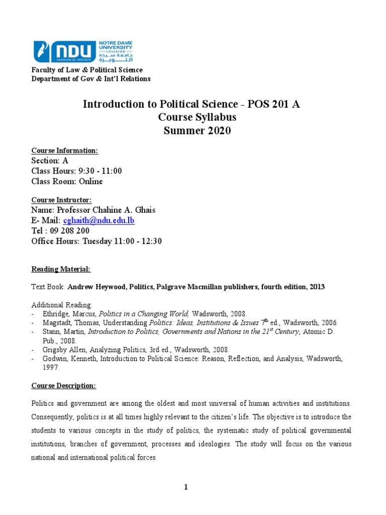 Introduction To Political Science - POS 201 A Course Syllabus Summer ...