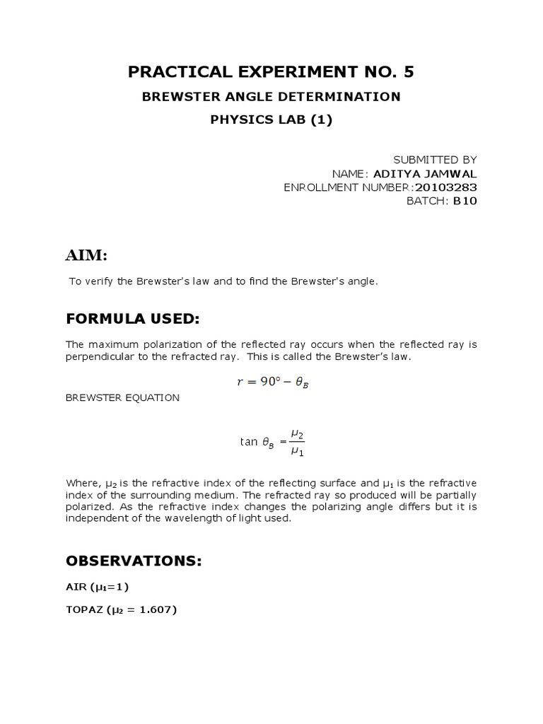 Practical Experiment No. 5: Brewster Angle Determination Physics Lab ...