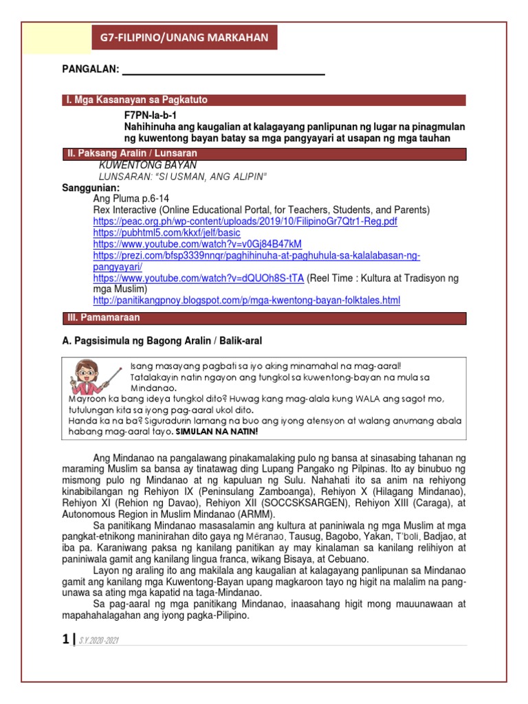 Filipino 7 Compendium With Worksheets 1st Quarter | PDF