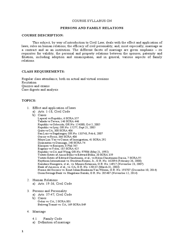 Course Syllabus AY 2021 2022 Persons and Family Relations | PDF ...