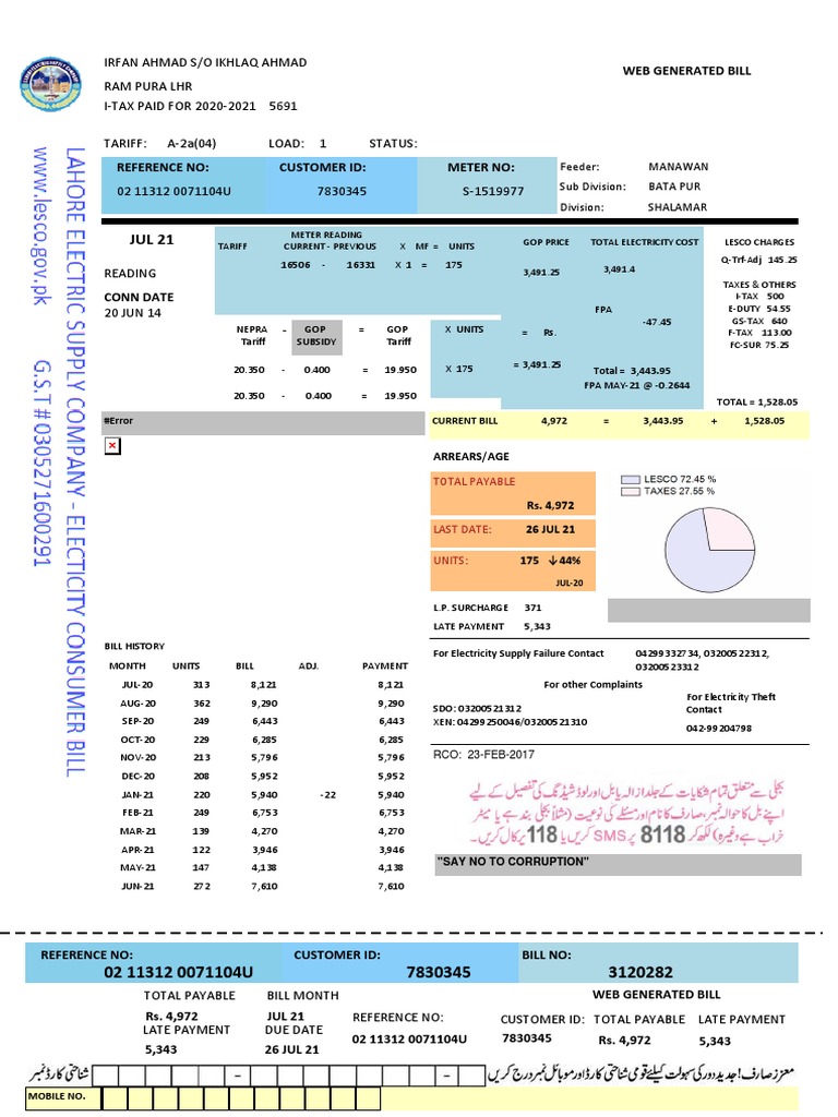Web Generated Bill: Feeder: Manawan Sub Division: Bata Pur Division ...