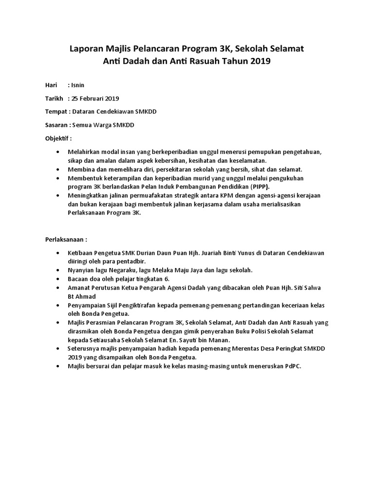 Laporan Majlis Pelancaran Program 3K | PDF | Ilmu Sosial