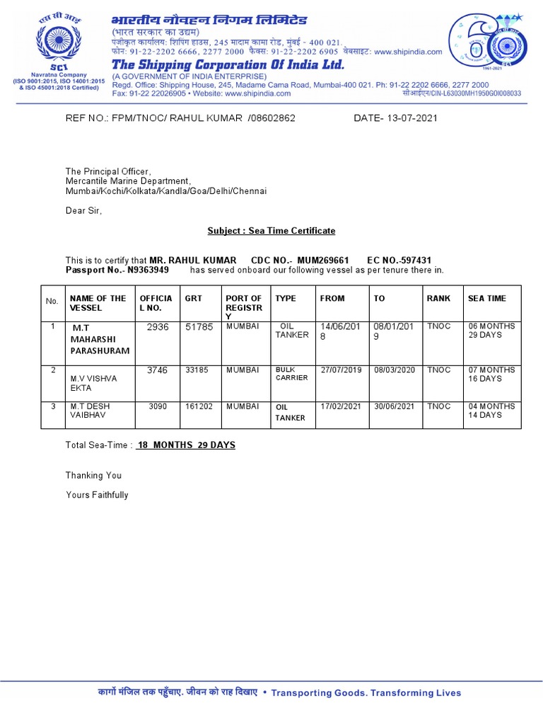 Sea Time Letter Sci Latest Lhead 301020 | PDF