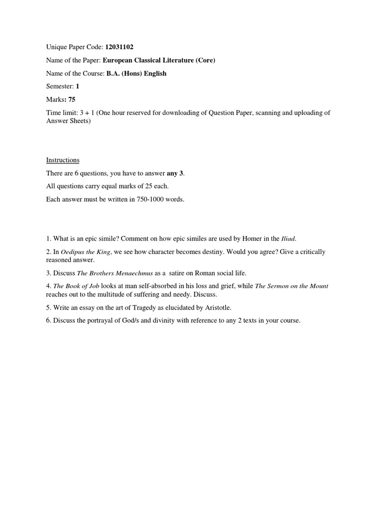 European Classical Literature (Core) Dec 2020 | PDF