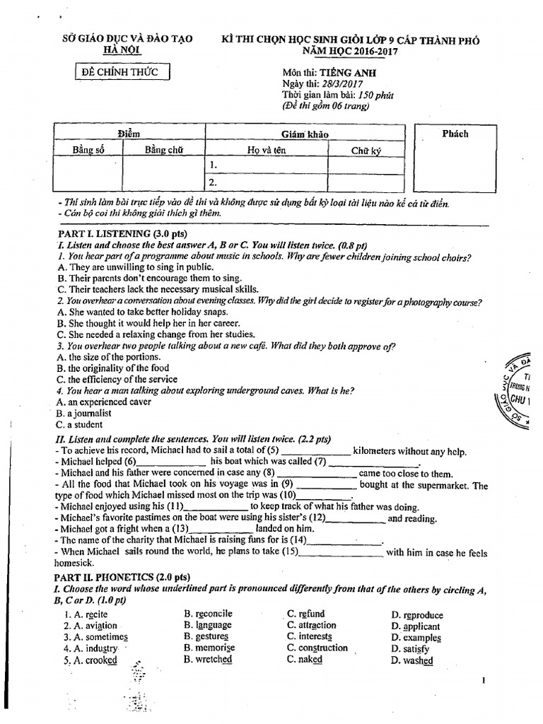 De Thi HSG Lop 9 Ha Noi 2016-2017 Tieng Anh | PDF | Chimpanzee | Emotions