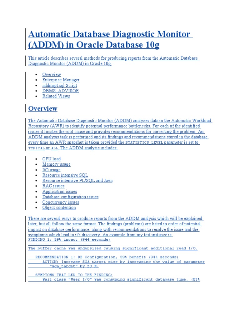 Addm Report | PDF | Oracle Database | Databases