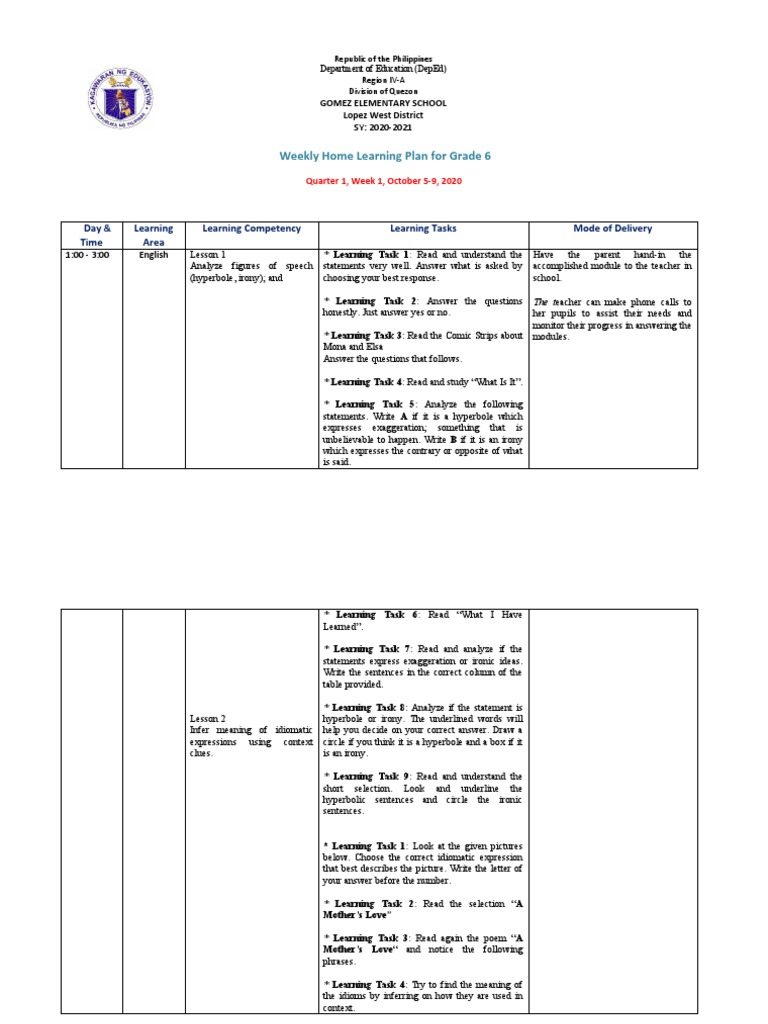 Weekly Home Learning Plan For Grade 6 English | PDF | Idiom | Irony