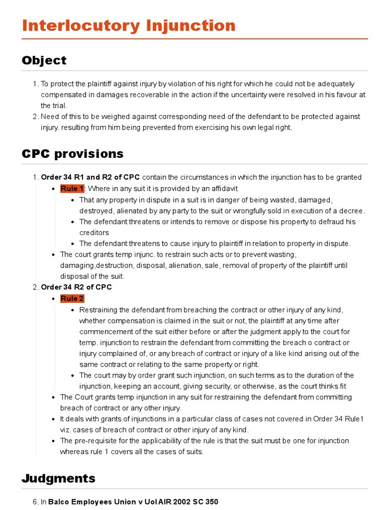 Interlocutory Injunction: Object | Download Free PDF | Injunction ...