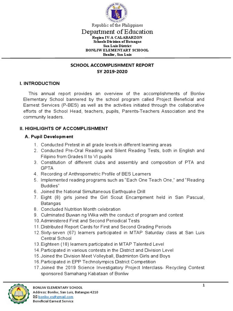 School Annual Accomplishment Report 2019 | PDF | Teachers | Schools