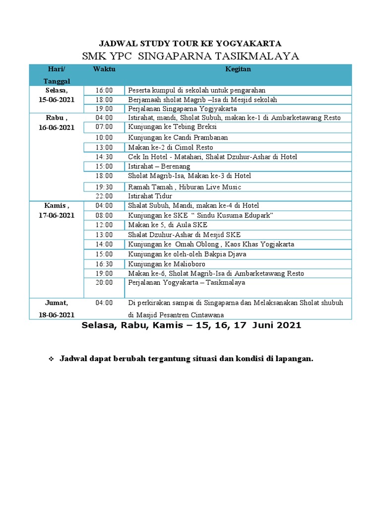 Jadwal Study Tour Ke Yogyakarta | PDF