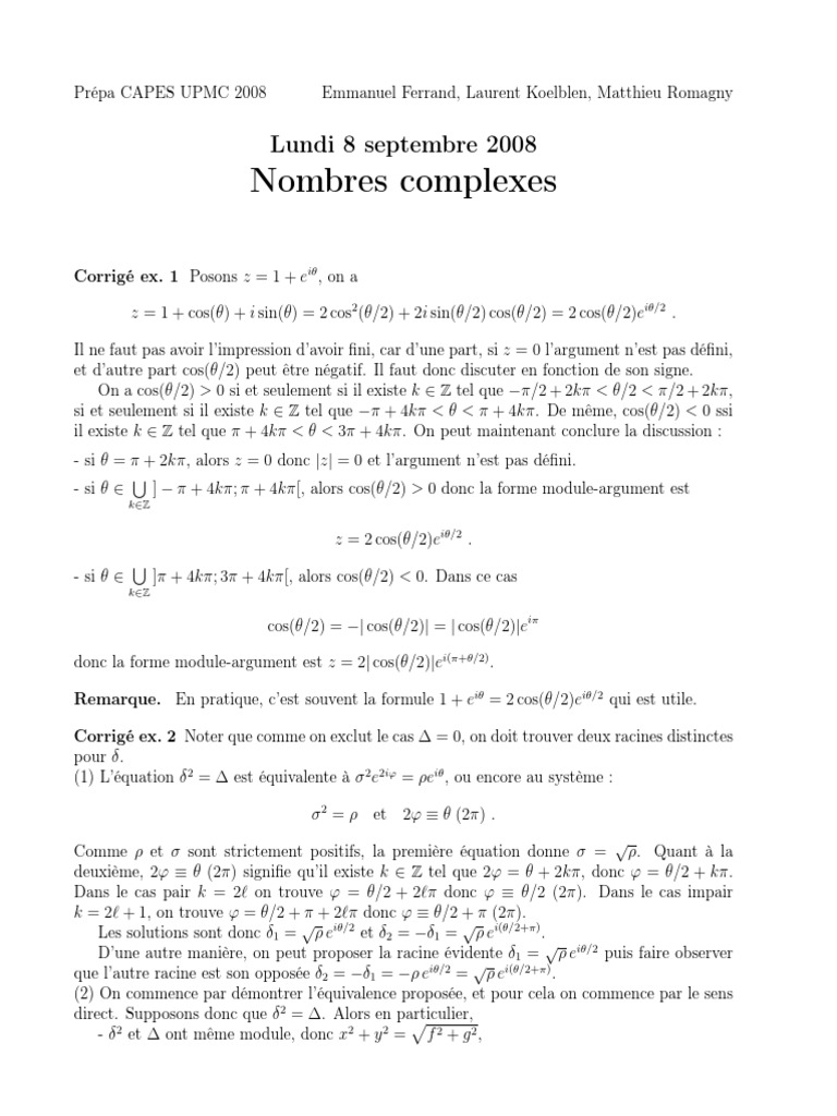 Complexes Corrige | PDF | Équation du second degré | Équations