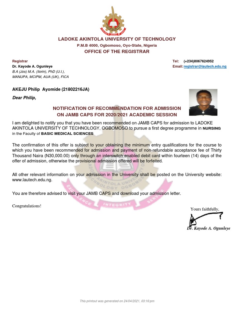Ladoke Akintola University of Technology: P.M.B 4000, Ogbomoso, Oyo ...