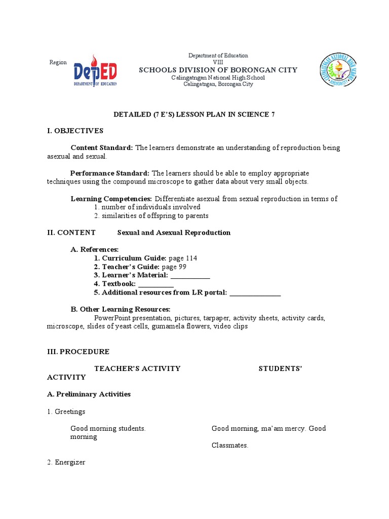 7 E's Lesson Plan | PDF | Reproduction | Sexual Reproduction