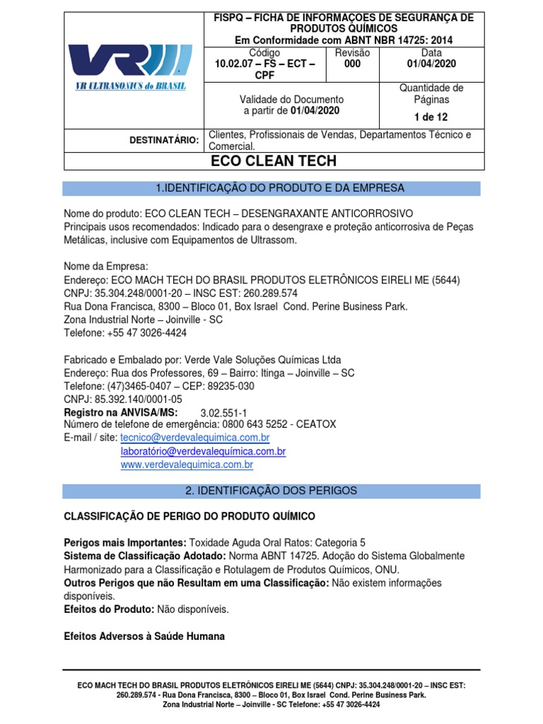 FISPQ do Gel Eco Clean Tech | PDF | Embalagem e rotulagem | Desperdício