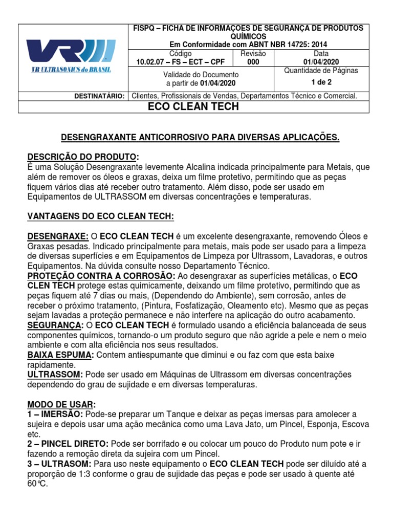 ECO CLEAN TECH - Ficha Técnica | PDF | Química | Materiais