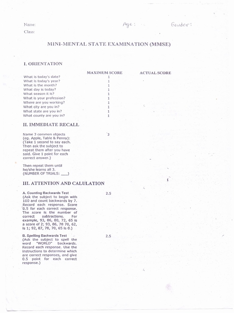 Mini-Mental State Exam (MMSE | PDF | Mental Processes | Cognitive ...