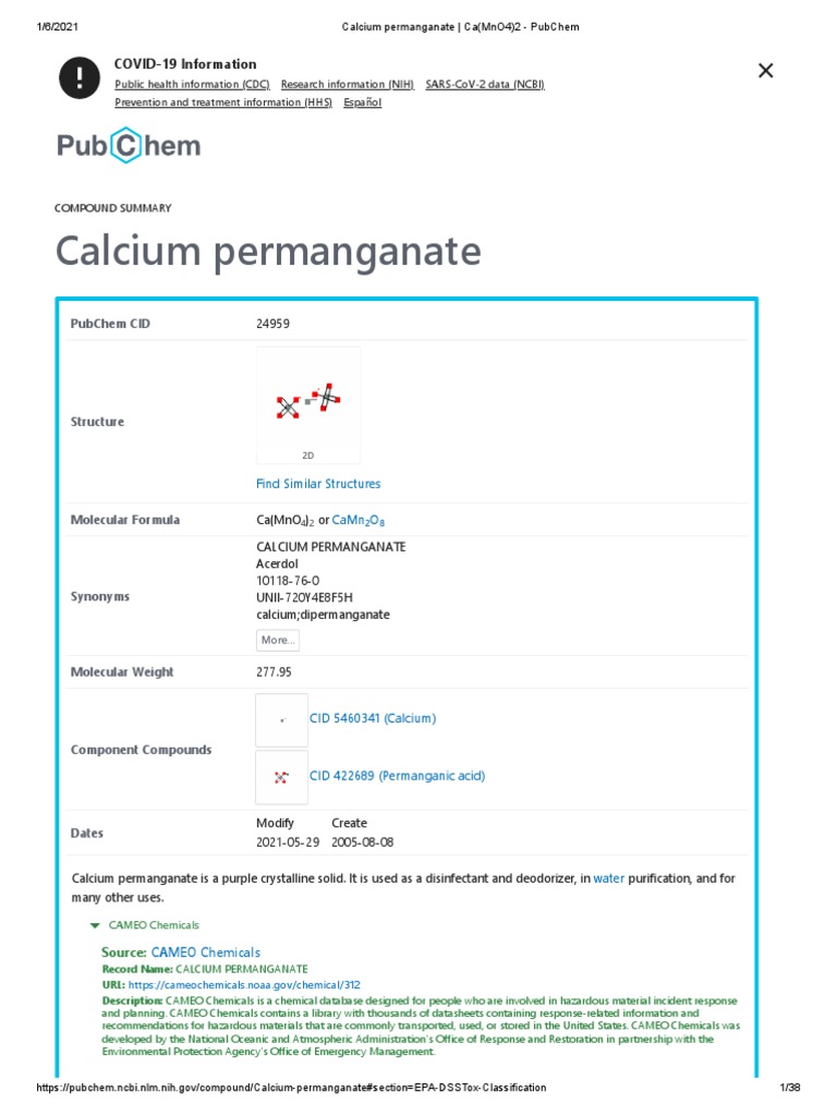 Calcium Permanganate - CA (MnO4) 2 - PubChem | PDF | Occupational Hygiene | Dangerous Goods