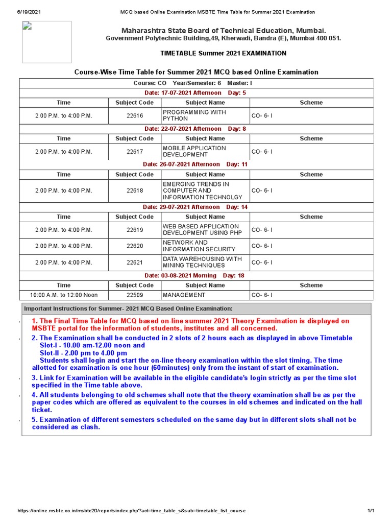 MCQ Based Online Examination MSBTE Time Table For Summer 2021 ...