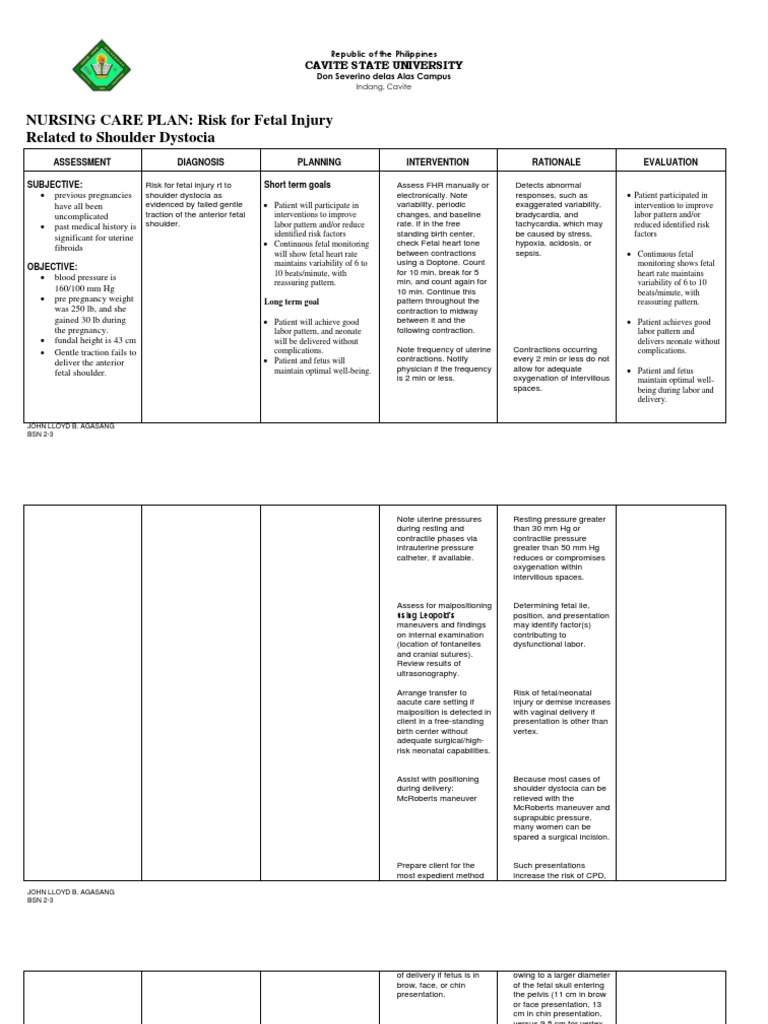 NURSING CARE PLAN: Risk For Fetal Injury Related To Shoulder Dystocia ...