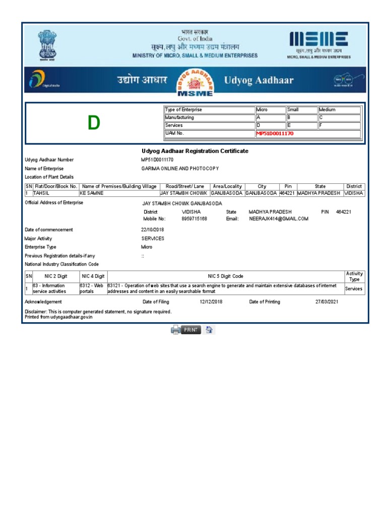 Udyog Aadhaar Registration Certificate | Download Free PDF | Internet ...